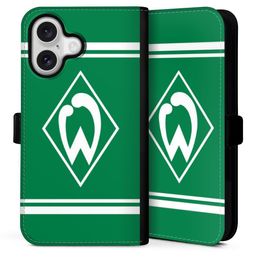 DeinDesign iPhone 16 Handy Klapph&uuml;lle Handyh&uuml;lle aus Kunst Leder schwarz Flip Case Sv Werder Bremen Official Licensed Product Logo Sideflip mit Lasche