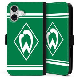 DeinDesign iPhone 16 Plus Handy Klapph&uuml;lle Handyh&uuml;lle aus Kunst Leder schwarz Flip Case Sv Werder Bremen Official Licensed Product Logo Sideflip mit Lasche