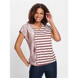 V-Shirt Casual Looks "Shirt", Damen, Gr. 36, rot (rotbraun, ecru, bedruckt), 50% Baumwolle, 50% Modal, gemustert, gestreift, mehrfarbig, V-Ausschnitt, Shirts