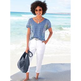 Kurzarmshirt Heine "Druck-Shirt", Damen, Gr. 36, blau (jeansblau, bleu, bedruckt), 95% Viskose, 5% Elasthan, bedruckt, gebl&uuml;mt, gemustert, mehrfarbig, V-Ausschnitt, Shirts
