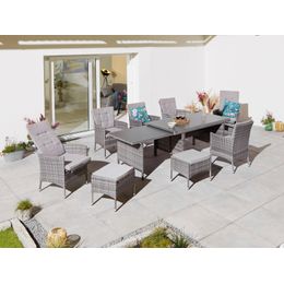 Garten-Essgruppe Konifera "Parla", braun (braun, grau,), Polyrattan, Sitzmöbel-Sets, Gartenmöbel-Set, 2 der 6 Sessel sind verstellbar, Grau, Tischplatte aus Sicherheitsglas