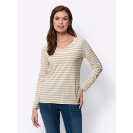 V-Shirt Heine "Shirt", Damen, Gr. 40, beige (sand, ecru, gestreift), 50% Baumwolle, 50% Modal, gemustert, gestreift, V-Ausschnitt, Shirts