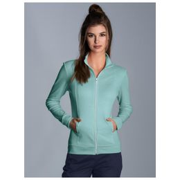 Sweatjacke TRIGEMA "TRIGEMA Jacke veredelt mit Kristallsteinen", Damen, Gr. XL, blau (gletscher), 95% Baumwolle, 5% Elasthan, Sweatjacken Sweatjacke