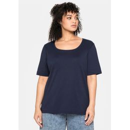 Kurzarmshirt sheego "T-Shirt", Damen, Gr. 40, blau (marine), 100% Baumwolle, unifarben, Rundhals, Shirts