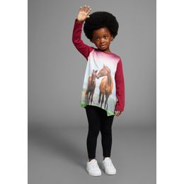Langarmshirt & Leggings Kidsworld "2tlg. Set Shirt + Leggings mit Pferde-Motiv - NEUE FARBE dazukommen", Mädchen, Gr. 116/122, lila (beere, schwarz), Jersey, Obermaterial: 100% Baumwolle. Obermaterial Vorderteil: 100% Polyester. Unterteil: 95% Baumwolle, 5% Elasthan, bedruckt, KOB Set-Artikel, süßes Fotomotiv