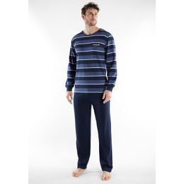 Schlafanzug Tom Tailor "Rhodos", Herren, Gr. 48S, blau (blau, mittel, ringel), Obermaterial: 100% Baumwolle, gestreift, bequem normal, Rundhals, breiter Bund, Homewear-Sets Schlafanzug, Langarm, Rundhalsausschnitt, gestreift, basic, Baumwolle