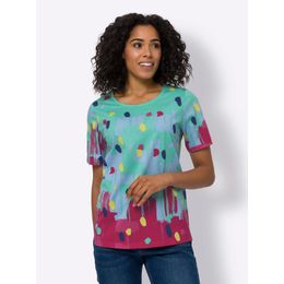 Kurzarmshirt Classic Basics "Kurzarm-Shirt", Damen, Gr. 44, gr&uuml;n (blaugr&uuml;n, pink, bedruckt), 100% Baumwolle, gemustert, mehrfarbig, Rundhals, Shirts