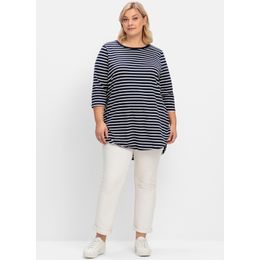 Longshirt sheego "Longshirt", Damen, Gr. 44/46, blau (marine, wei&szlig;), 95% Baumwolle, 5% Elasthan, gemustert, mehrfarbig, Rundhals, Shirts Longshirt