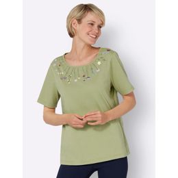 Kurzarmshirt Classic Basics "Rundhals-Shirt", Damen, Gr. 38, bunt (lindgr&uuml;n, himmelblau), 100% Baumwolle, gebl&uuml;mt, gemustert, mehrfarbig, Rundhals, Shirts