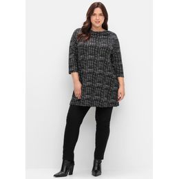 Longshirt sheego "Longshirt", Damen, Gr. 48/50, schwarz-wei&szlig; (schwarz, wei&szlig;), 95% Viskose, 5% Elasthan, gemustert, Wasserfallausschnitt, Shirts Longshirt