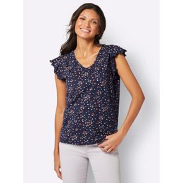 V-Shirt Classic Basics "V-Shirt", Damen, Gr. 38, blau (marine, bleu, bedruckt), 100% Baumwolle, gemustert, mehrfarbig, V-Ausschnitt, Shirts