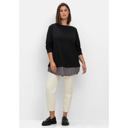 2-in-1-Langarmshirt sheego "2-in-1-Shirt", Damen, Gr. 48/50, schwarz, 100% Baumwolle, Webware:100% Polyester, gemustert, gestreift, unifarben, U-Boot-Ausschnitt, Shirts