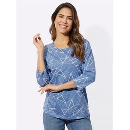 Rundhalsshirt Classic Basics "3/4-Arm-Shirt", Damen, Gr. 38, blau (mittelblau, ecru, bedruckt), 100% Baumwolle, gemustert, mehrfarbig, Rundhals, Shirts Rundhalsshirt