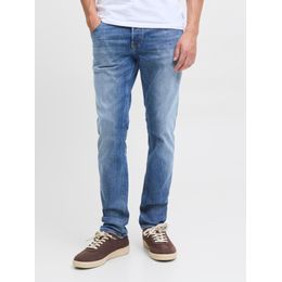 Jack & Jones Slim-fit-Jeans JACK & JONES "JJIGLENN JJCOLE AM 48X 50SPS", Herren, Gr. 29, L&auml;nge 30, blau (blau denim), Denim/Jeans, Obermaterial: 85% Baumwolle, 13% Polyester, 2% Elasthan, Abriebeffekte, slim fit kn&ouml;chellang, Jeans Slim-fit-Jeans