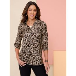 Longbluse Classic Basics, Damen, Gr. 52, gelb (camel, schwarz, bedruckt), 100% Polyester, animal-print, bedruckt, gemustert, V-Ausschnitt, Blusen Longbluse