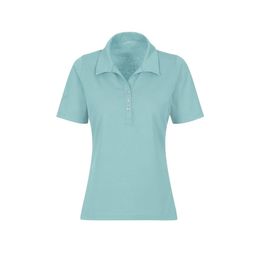 Poloshirt TRIGEMA "TRIGEMA Poloshirt aus Baumwolle mit Kristallsteinen", Damen, Gr. L, blau (gletscher), 100% Baumwolle, Basic, Shirts
