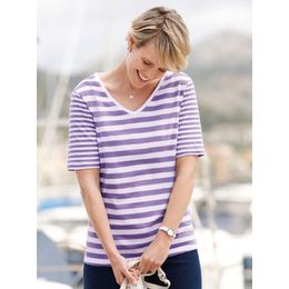 Kurzarmshirt Classic Basics "Kurzarm-Shirt", Damen, Gr. 40, lila (lavendel, wei&szlig;, geringelt), 100% Baumwolle, gemustert, gestreift, mehrfarbig, V-Ausschnitt, Shirts