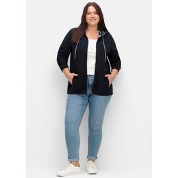 Shirtjacke sheego "Sweatjacke", Damen, Gr. 48, blau (nachtblau), 100% Baumwolle, unifarben, Shirts Shirtjacke