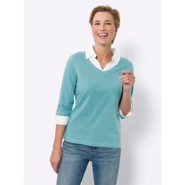 2-in-1-Shirt Classic Basics "2-in-1-Shirt", Damen, Gr. 40, blau (ozean), 100% Baumwolle, Einsatz:50% Baumwolle, 50% Polyester, unifarben, V-Ausschnitt, Shirts 2-in-1 Shirt