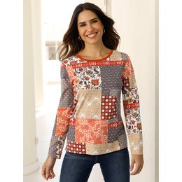 Langarmshirt Classic Basics "Langarm-Shirt", Damen, Gr. 38, bunt (papaya, rostrot, bedruckt), 100% Baumwolle, gebl&uuml;mt, gemustert, mehrfarbig, Rundhals, Shirts Langarmshirt