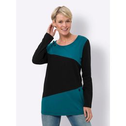 Langarmshirt Classic Basics "Longshirt", Damen, Gr. 38, blau (schwarz, aquapetrol), 100% Baumwolle, gemustert, mehrfarbig, Rundhals, Shirts Langarmshirt