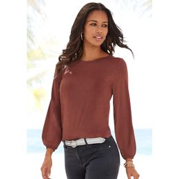Langarmshirt Lascana "mit weiten &Auml;rmeln", Damen, Gr. 32/34, braun, Single Jersey, Obermaterial: 95% Viskose (LENZING&trade; ECOVERO&trade;), 5% Elasthan, unifarben, bequem, Rundhals, weit elastischer Bund mit innenliegendem Gummizug, Shirts Langarmshirt, aus weichem Viskose-Stretch