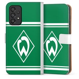 DeinDesign Galaxy A33 5G Handy Klapph&uuml;lle Handyh&uuml;lle aus Kunst Leder wei&szlig; Flip Case Logo Sv Werder Bremen Official Licensed Product Sideflip mit Lasche