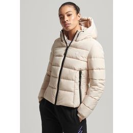 Steppjacke Superdry "HOODED SPIRIT SPORTS PUFFER", Damen, Gr. M, beige (tapioca), Web, Obermaterial: 100% Polyester, kontrastfarbene Details, unifarben, Jacken, aus wasserabweisendem Material