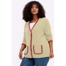 Cardigan sheego, Damen, Gr. 44/46, beige (sand, kirsche), 100% Polyacryl, Besatz:100% Polyamid, unifarben, Strickjacken