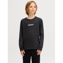 Jack & Jones Langarmshirt JACK & JONES JUNIOR "JORBLEECKER MINIMAL TEE LS CREW NE JNR", Jungen, Gr. 128, schwarz, Single Jersey, Obermaterial: 100% Baumwolle, bedruckt, normal, Rundhals, gerader Abschluss, Shirts Langarmshirt