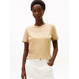 Kurzarmshirt Tommy Hilfiger "REG CORP LOGO C-NK mit Logoschriftzug und Stickerei", Damen, Gr. L (40), driftwood taupe, Jersey, Obermaterial: 100% Baumwolle, bedruckt, normal h&uuml;ftlang, Rundhals, eingesetzt abgesteppte Kante, Shirts