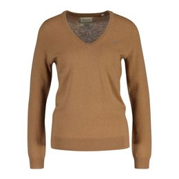 Gant Damen V-Ausschnitt-Pullover "EXTRAFINE LAMBSWOOL V-NECK"warm khaki, Gr. L, Strick, Obermaterial: 90% Wolle, 10% Polyamid, Pullover