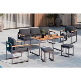 Ambia Garden Dining-Loungeset, Grau, Natur, Metall, Kunststoff, Textil, 6-teilig, F&uuml;llung: Schaumstoff,Polyester, eckig, 180x71x65 cm, Loungem&ouml;bel, Gartenlounge-Sets