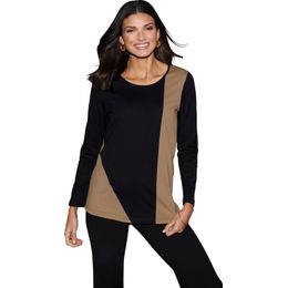 CR&Eacute;ATION L Damen Langarmshirt mit Kontrast-Eins&auml;tzen schwarz-camel-gemustert Gr&ouml;&szlig;e 54