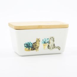 Wei&szlig;e Butterdose mit Katzenmotiven 8x14,5cm