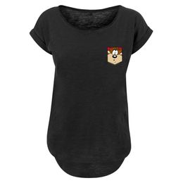 F4NT4STIC Long Cut T-Shirt Looney Tunes Tasmanian Devil Face Faux Pocket in schwarz | Gr.: XL