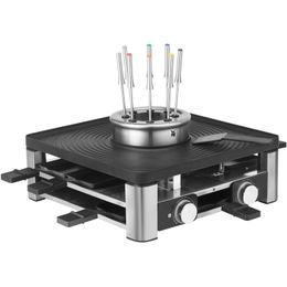 WMF Raclette "Lumero Gourmet Station 3-in-1, Raclette, Fondue und Indoor-Grill", silber (cromargan), B:35,5cm H:17cm T:35,5cm, Raclettes, spülmaschinengeeignete Pfännchen/Platte, Spritzschutz, LED-Beleuchtung