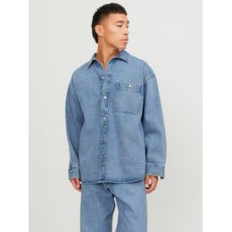 Jack & Jones Langarmhemd JACK & JONES "JORSANTORINI DENIM OVERSHIRT LS SN", Herren, Gr. M, N-Gr, blau (light blau denim), Web, Obermaterial: 100% Baumwolle, unifarben, weit, Hemden