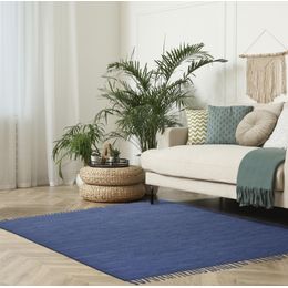 Teppich my home "Cadis", blau, B:90cm H:5mm L:160cm, Baumwolle, Teppiche, Teppich, Wendeteppich, mit Fransen, Uni Farben, handgewebt, reine Baumwolle