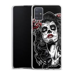 DeinDesign Galaxy A51 Handy Slim Case Silikon Handyh&uuml;lle transparent H&uuml;lle extra d&uuml;nn D&iacute;a De Los Muertos Totenkopf Rock 'N' Roll Silikon Slim Case