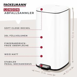 Fackelmann M&uuml;lleimer "LONDON, Pedal-Abfalleimer 20L", B/H/T: 35cm x 43,5cm x 28,5cm, 20 lwei&szlig; matt, K&uuml;che, M&uuml;lleimer, mit ged&auml;mpftem Deckel &