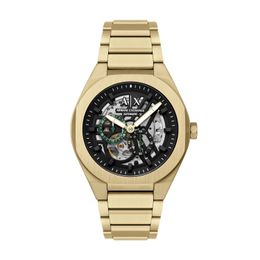 Armani Exchange Damen Automatikuhrgelbgoldfarben, schwarz, Armbanduhren, Armbanduhr, Herrenuhr, Edelstahlarmband, analog, 12/24-Std.-Anzeige