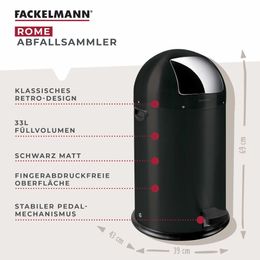 Fackelmann M&uuml;lleimer "ROME, Pedal-Abfalleimer 33L", B/H/T: 39cm x 69cm x 43cm, 33 lschwarz matt, K&uuml;che, M&uuml;lleimer, Retro-Design, mit robustem