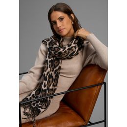 Laura Scott Damen Modeschal, schwarz, Animalmuster, gemustert, Web, Obermaterial: 100% Polyester, Modetücher, im trendigen Leopard-Design mit Fransen