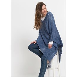 bonprix Damen Strickponcho "Poncho", blau, Obermaterial: 50% Baumwolle, 50% Polyacryl, Pullover, Poncho