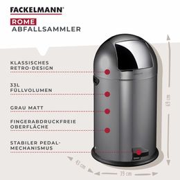 Fackelmann M&uuml;lleimer "ROME, Pedal-Abfalleimer 33L", B/H/T: 39cm x 69cm x 43cm, 33 l, grau, K&uuml;che, M&uuml;lleimer, Retro-Design, mit robustem