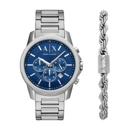 Chronograph Armani Exchange, edelstahlfarben, blau, Armbanduhren, Damen, Quarzuhr, Armbanduhr, Herrenuhr, Edelstahlarmband