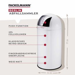 Fackelmann M&uuml;lleimer "BERLIN, Push Abfalleimer 40L", B/H/T: 77cm, 40 lwei&szlig; matt, K&uuml;che, M&uuml;lleimer, Retro-Design, gro&szlig;es Fassungsvolumen, lackiertes
