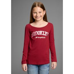 Langarmshirt Kangaroos "Shirt mit BROOKLYN Print", M&auml;dchen, Gr. 164/170, rot (bordeaux), Jersey, Obermaterial: 100% Baumwolle, bedruckt, Basic h&uuml;ftlang, tiefer Rundhals, Shirts Langarmshirt, Trendiger Frontprint, U-Boot Ausschnitt