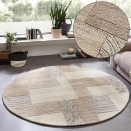 Wollteppich Theko, H:12mm &Oslash;:140cm, beige, Wolle, Wohnzimmer, Teppiche, "Lola, Wolle, handgearbeitet, Patchwork Design", handgetuftet, Wohnzimmer,